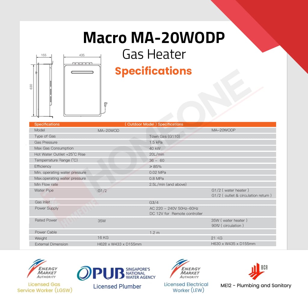 Macro MA 20WODP Singapore's #1 Safety Gas Heater Installer
