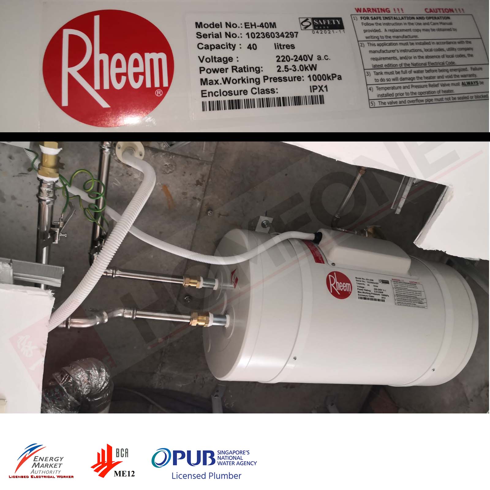 Rheem EH 40M Electric Storage Water Heater Safety Installer