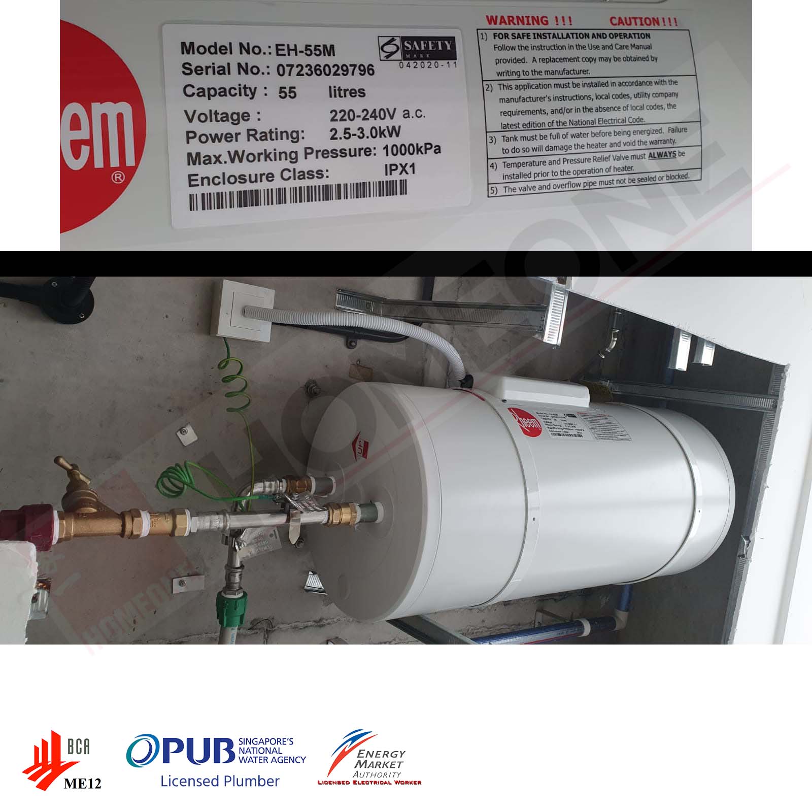 Rheem EH 55M Electric Storage Water Heater Safety Installer