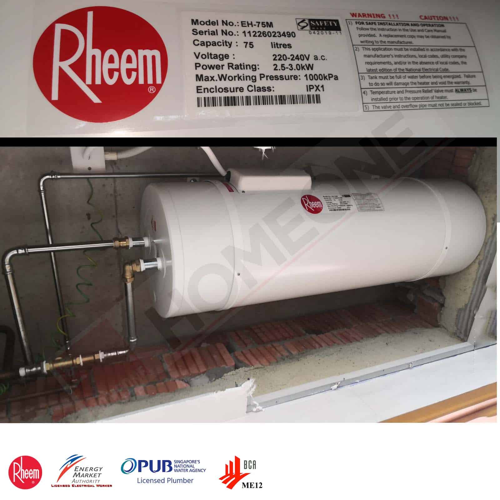 Rheem EH 75M Electric Storage Water Heater Safety Installer